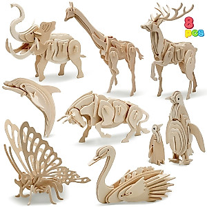 JOYIN 8 Pcs DIY Kids 3D Wooden Puzzles, Animals Brain Teaser Puzzles, Kids Arts and Crafts, Indoor Activity, Non-Toxic Plywood with Grooved Edges, Christmas Fun Gifts Classroom Prize