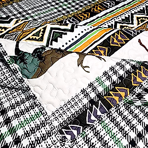 Mocaletto Boho Quilts Queen Size,Reversible Rustic Deer Lodge Cabin Quilt Set,Patchwork Green Bedding Set with Pillow Shams,Bohemian Stripes Bedspread,Lightweight Microfiber Coverlet