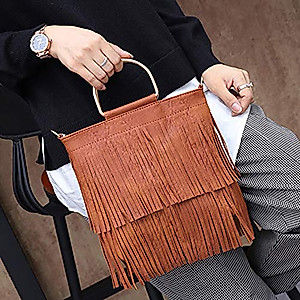 Ayliss Women Fringe Tassel Crossbody Bag Leather Shoulder Bag Hobo Handbag (Brown)