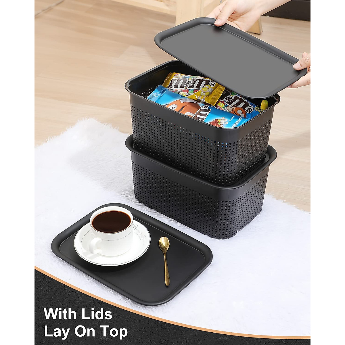 KoTuosy Plastic Storage Baskets with Lids Baskets for Organizing Organizer Bins 6.8 Qt Stackable Storage Bins with Lids Tiny Holes, Storage Containers, Plastic Bins with Handle