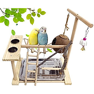 Hamiledyi Bird Playground for Conures Parrot Playstand Cockatiel Play Stand Wood Perch Gym Playpen Ladder Swing Chew Toy with Feeder Cups for Lovebirds Parakeet Cage Accessories Exercise Platform
