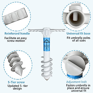REFFU Heavy Duty Beach Umbrella Sand Anchor, Umbrella Holder Stand with 5 Spiral Screw Safe Stand for Strong Winds