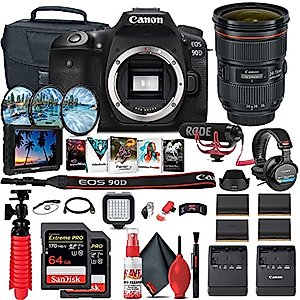 Canon EOS 90D DSLR Camera (Body Only) (3616C002) + 4K Monitor + Canon EF 24-70mm Lens + Pro Mic + Pro Headphones + 2 x 64GB Card + Case + Filter Kit + Corel Photo Software + More (Renewed)