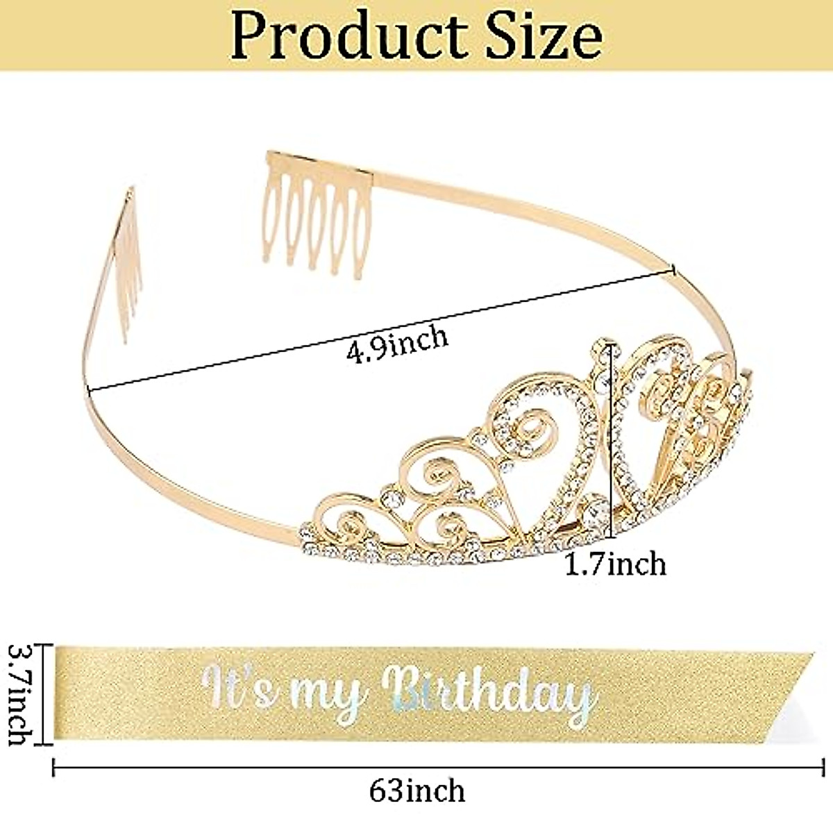 BAHABY Birthday Crown for Women It's My Birthday Sash & Rhinestone Tiara Set Birthday Sash and Tiara for Women Rhinestone Headband for Girl Glitter Crystal Hair Accessories for Party- Gold
