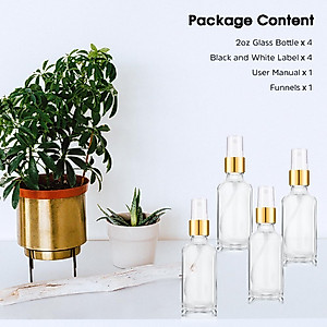 Tecohouse Glass Spray Bottles for Essential Oils, 2 oz Small Empty Refillable Sprayer Container with Golden Top, Labels, Funnel, Lids, Pipettes - Pocket Size 4 Pack Clear