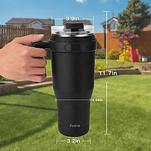 Zukro 50 oz Mug Tumbler With Handle And Flip Straw, Leakproof Vacuum Insulated Stainless Steel Cup Water Bottle with 2-in-1 Lid,Large Travel Mug, Fit in Cup Holder, Keeps Cold for 30 Hours, Black