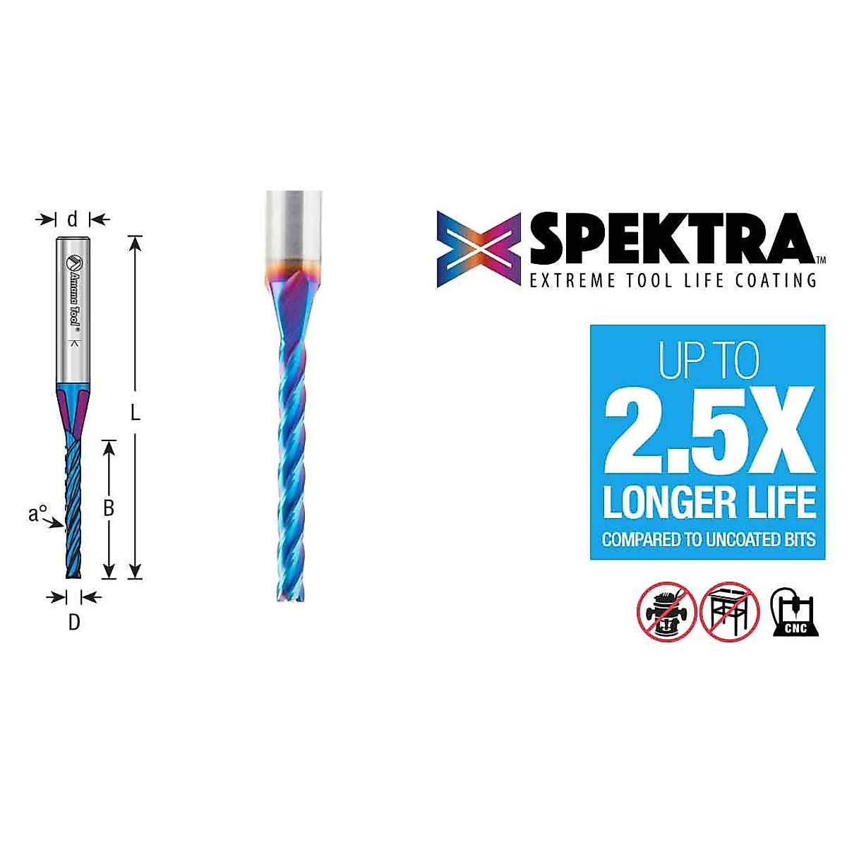 Amana Tool 46587-K CNC Spektra Extreme Tool Life Coated Spiral 2D/3D Carving 0.10 Deg Straight Angle Flat Bottom x 1/4 D x 3/4 CH x 1/4 SHK x 2 Inch Long x 2 Flute SC Up-Cut Router Bit