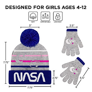 ABG Accessories Boys' Little Girls Winter Hat with Kids Gloves Set, NASA for Ages, Grey/Blue, 4-7 Years