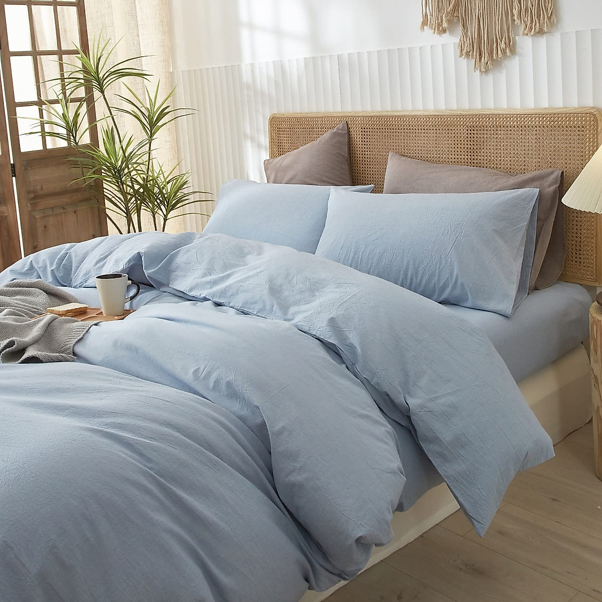 LIFETOWN 100% Washed Cotton Duvet Cover Set Linen Like Textured Breathable Lightweight (Linen, King)