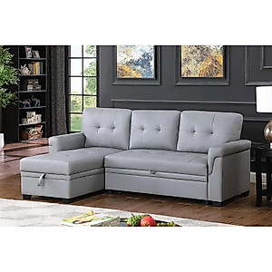 HomeStock Rustic Romance Synthetic Leather Upholstered Modern Sleeper Sectional Sofa with Storage Chaise, L-Shaped Living Room Sectional Couch with Tufting Gray