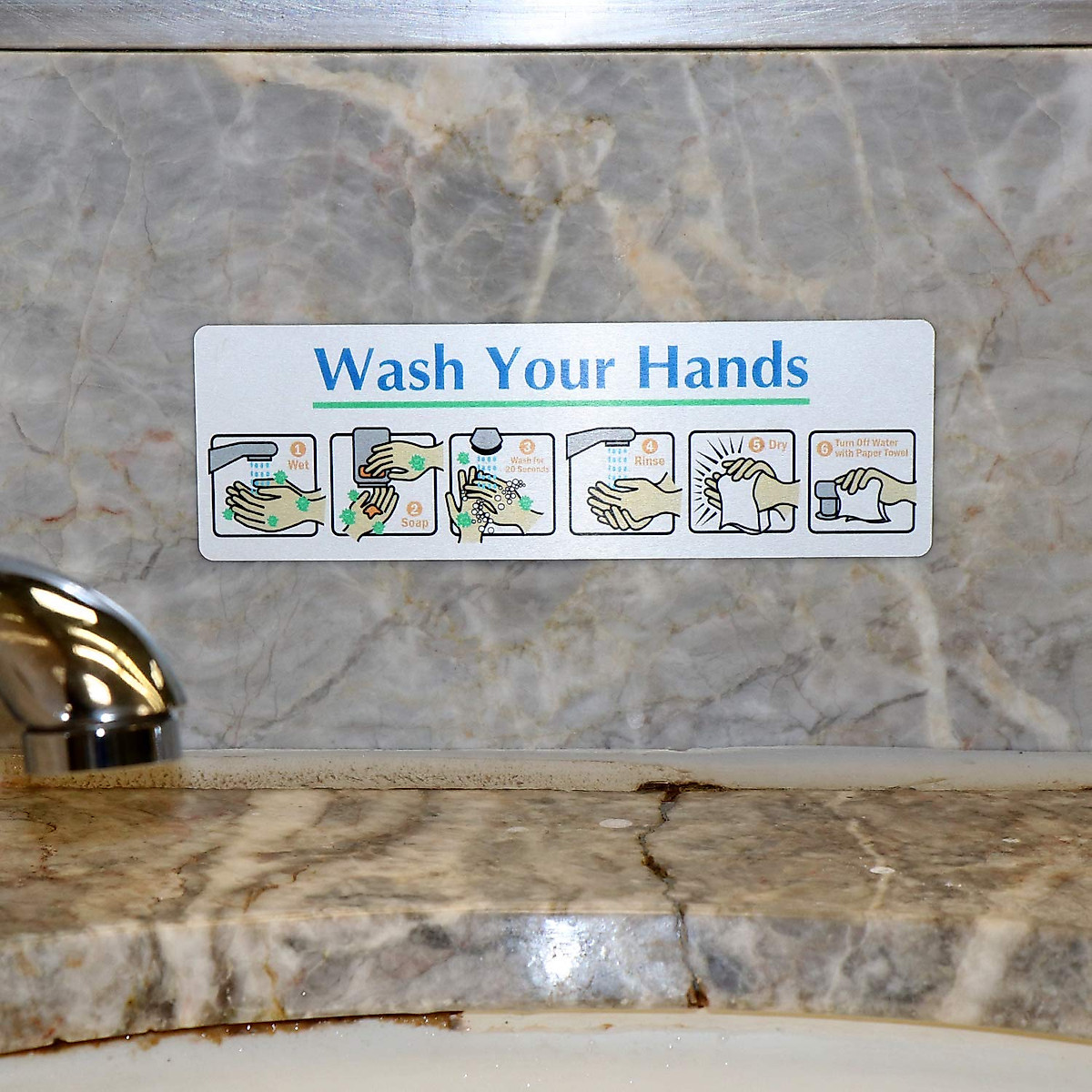 SmartSign 2 x 6 inch “Wash Your Hands” Hand Washing Instructions Sign with Adhesive Backing for Bathroom, Matte Finish, 32 mil Anodized Aluminum, Multicolor, Made in USA
