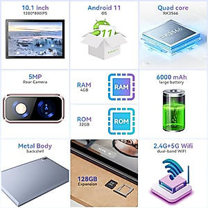 Android Tablet: 6000mAh Learning Tablet, All Metal Body, Quad Core Tableta, 5G Dual WiFi, 128GB Expand, 5MP+2MP Camera, Google GMS Certification, Tableta (LeoPad10S)