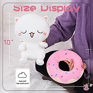 AIXINI Cute Plush Donut Cat Stuffed Animal, Super Soft Kawaii Cat Kitten Plushies for Kids 10inch (White,B)