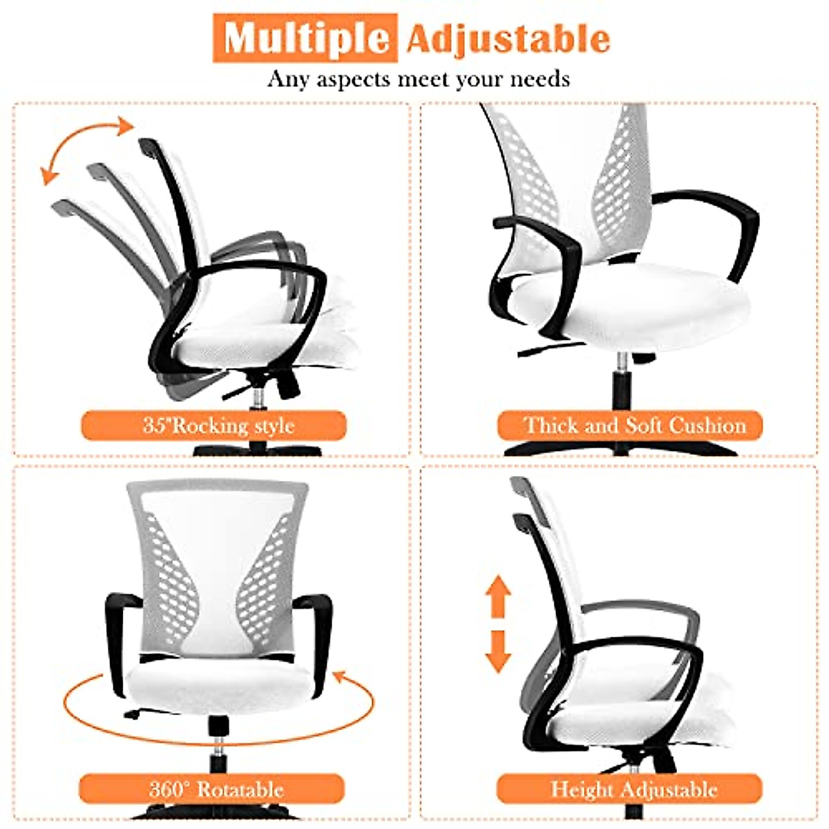 CL.Store Ergonomic Office Chair Home Desk Mesh Computer with Lumbar Support Armrest Modern Executive Rolling Swivel Task Work Mid Back Adjustable (White), MC-GF411-White