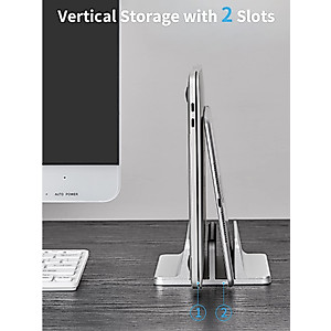 JARLINK (Upgraded Dock Version Vertical Laptop Stand, Double Desktop Stand Adjustable Laptop Holder (up to 17.3 inches) Compatible with All MacBook Pro/Air/Microsoft Surface (Silver)