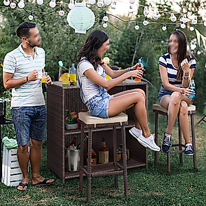 Yaheetech 3pcs Patio Bar Set, Outdoor Wicker Bar Furniture with 2 Storage Shelves, Glass Top Table, Removable Cushions and Two Stools for Backyards, Porches, Gardens or Poolside