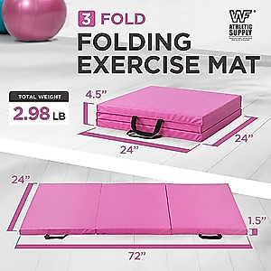 WF Athletic Supply Tri Fold Folding Exercise Mat with Carrying Handles, 1.5" Thick Foldable Gym Mat, Folding Foam Workout Mat for Gymnastics, Yoga, MMA, Core Workouts, Stretching, Pink