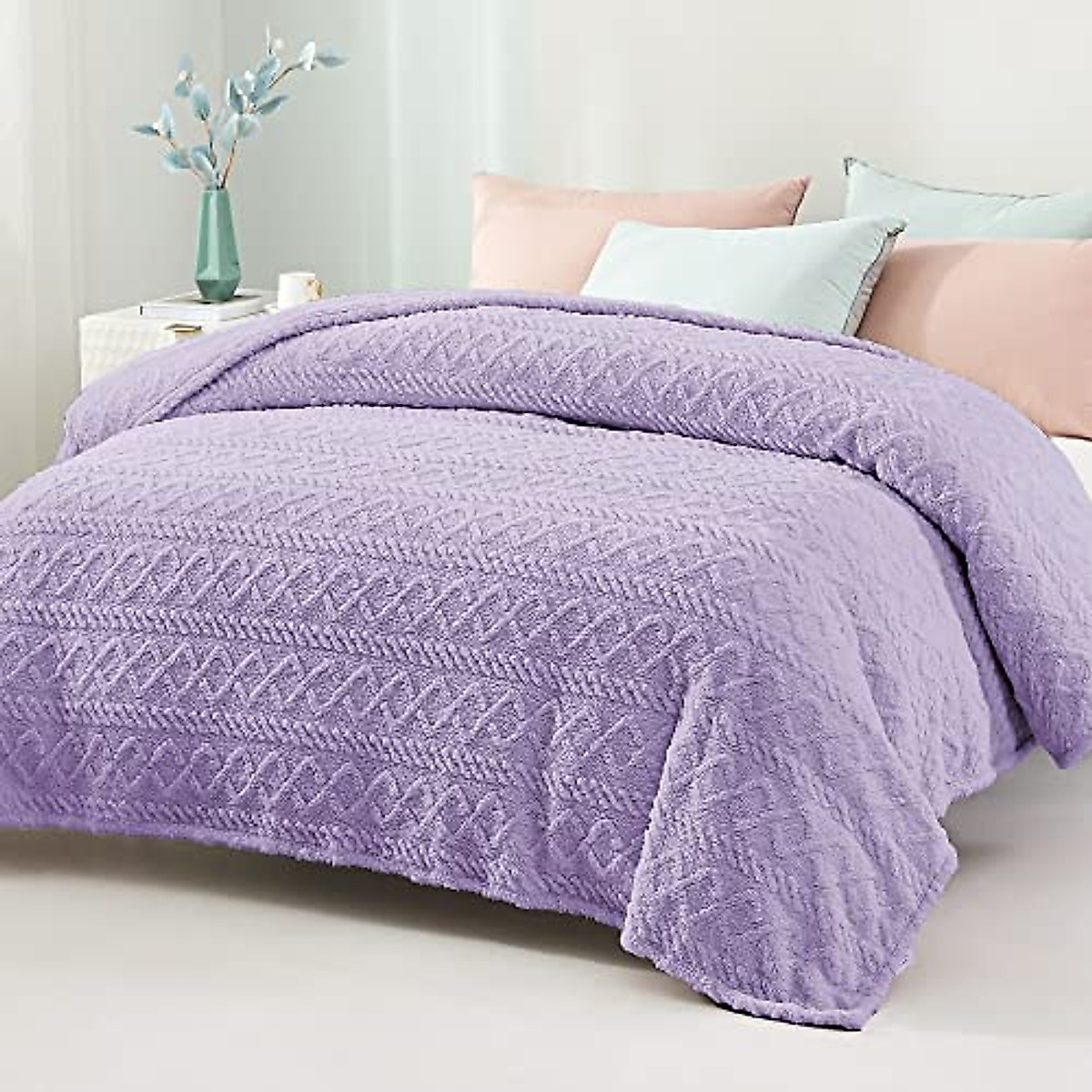 Whale Flotilla Jacquard Fuzzy Fleece Fluffy Bed Blanket Queen Size(90x90 Inch), Velvet Microfiber Bedspread, Warm and Soft Bed Blanket for All Season, Lilac