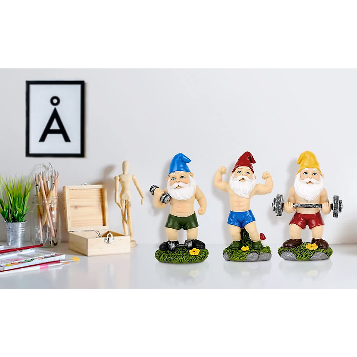 Mrsivrop Funny Workout Garden Gnomes Statues 3pcs 6.2 Inches Outdoor Funny The Muscular, Barbell and Dumbbell Gnomes Decorations Set for Yard, Lawn, Patio, Indoor Gnome Figurine for Home Tabletop