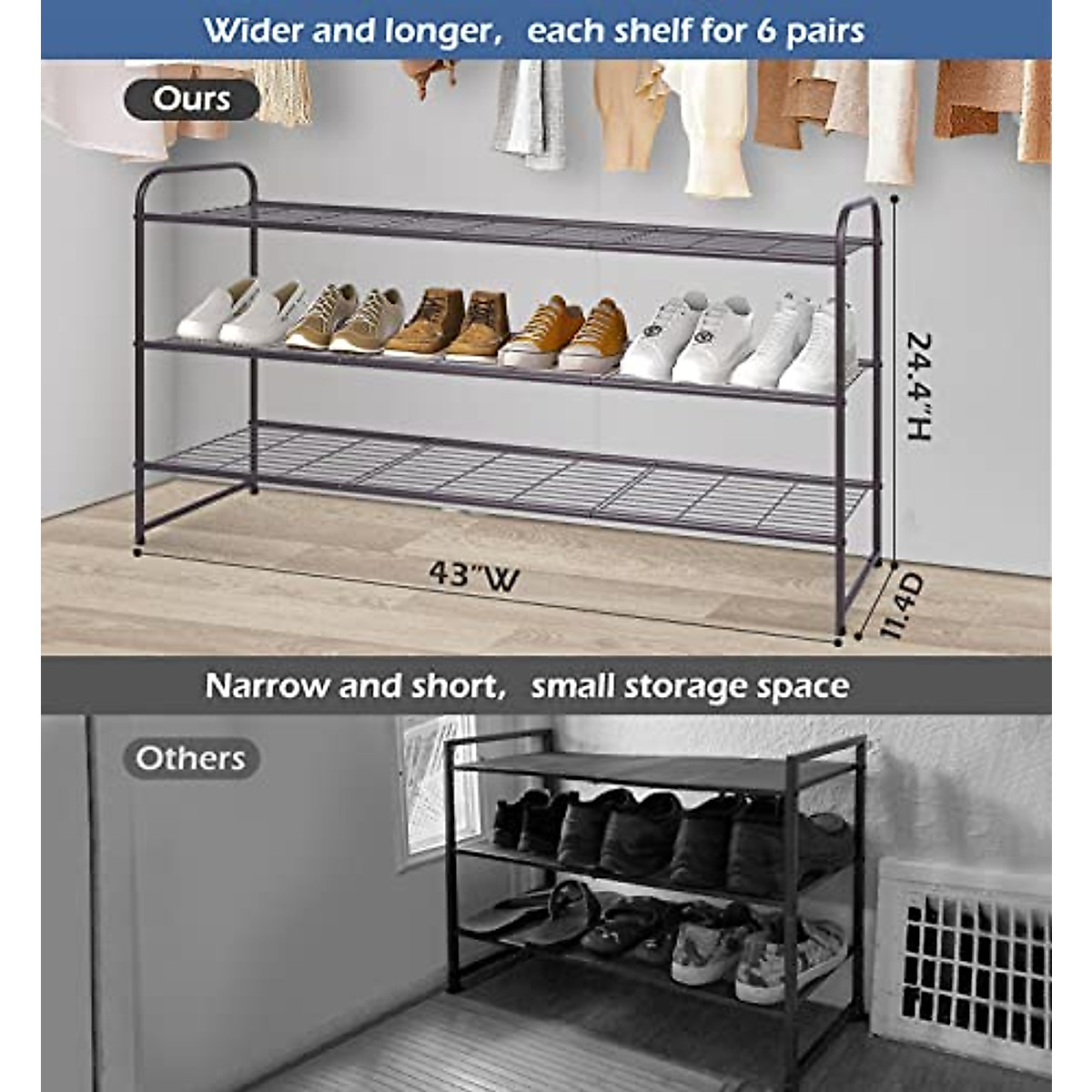 KEETDY Long 3 Tier Shoe Rack for Closet and 28 Clear Pockets Door Shoe Organizer