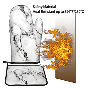 Simple White Marble Stone Funny Oven Mitt and Pot Holders Set Heat Resistant for Kitchen Cooking Baking Grilling Waterproof Non-Slip Thick Oven Gloves