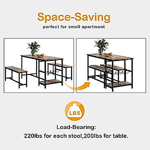 Dining Table Set for 4, 3 Piece Kitchen Table and Chairs Set with 2 Benches, Small Kitchen Table Set with Wine Rack and Glass Holder, Rustic Metal Frame for Breakfast Nook Apartment (Distressed Brown)