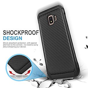 TJS Phone Case Compatible with Samsung Galaxy J2 Core/J2 2019/J2 Pure/J2 Dash/J2 Shine, Hybrid Shock Absorbing Carbon Fiber Back Hard TPU Inner Layer (Black)