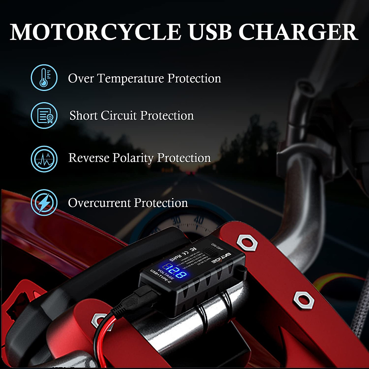 BATIGE Motorcycle USB Charger SAE to USB Adapter Type C and Quick Charge USB 3.0 with Voltmeter, ON/Off Switch and 3.6FT SAE Extension Cable Waterproof 3 Install Options for GPS Smartphone Camera