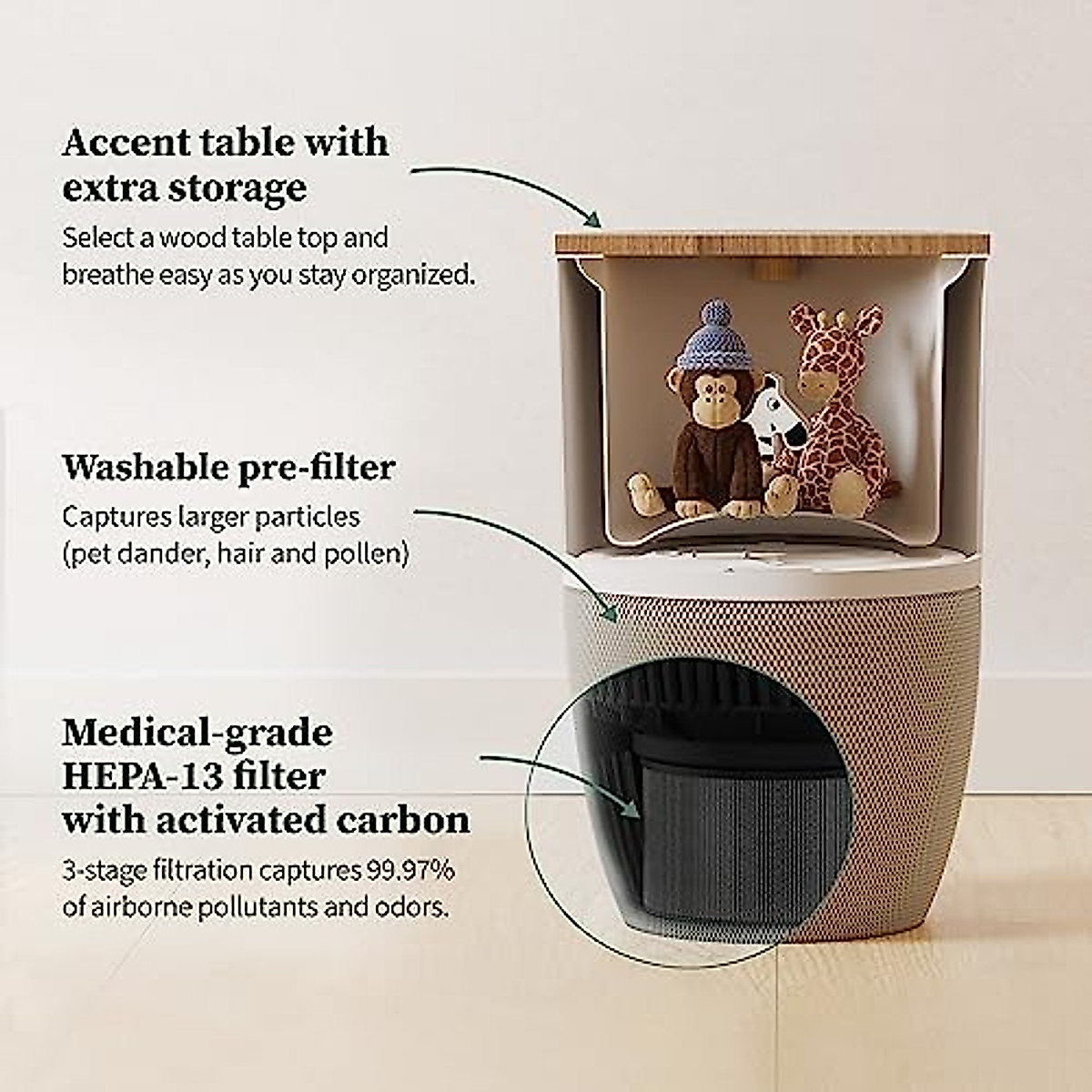 Dupray Bloom™ Air Purifier for Large Rooms with Planter or Custom Accent Table Design | For Home, Bedroom, Office, Dust, Pets | H13 HEPA Air Filtration (Accent Table - Walnut, Cloudy Gray)