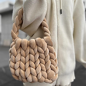 Super Soft Velvet Bulky Tube Yarn for Hand Knitting Blanket for Braided Knot, Giant Arm Knitting Yarn for Knitting Throw Rugs Pillow(Khaki 0.55lb)