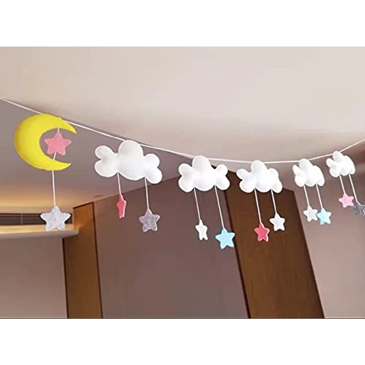 Bemeet, 5ft Felt Cloud Star Wall Hanging Decoration (Set of 1) Clouds Stars Moon Wall Hanging Garland, Baby Shower Party Supplies, Sky Theme String Garlands for Nursery Decor