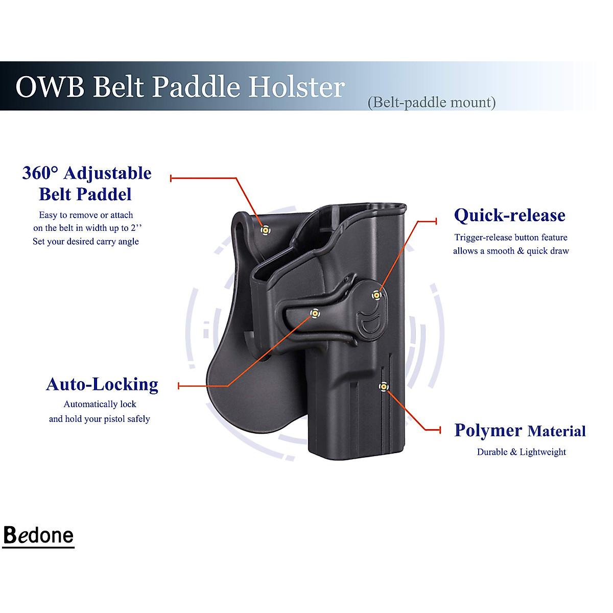 Bedone G19 Holster, OWB Paddle Holster fits Glock 19 19X 23 44 45 Gen 1 2 3 4, Outside Waistband Holster, Open Carry Tactical Gun Holster, Adjustable Cant & Fast Release - Right Handed