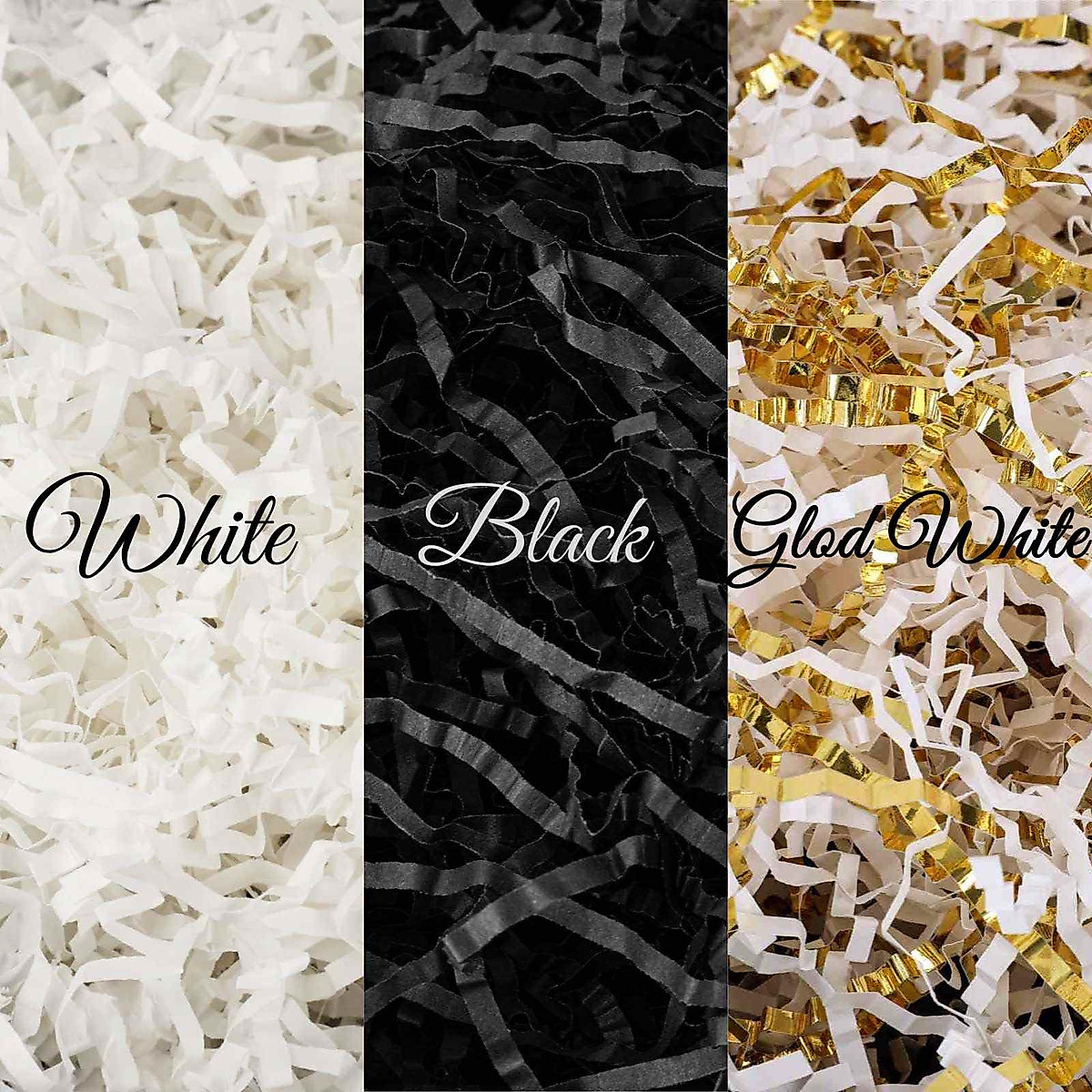 PLINJOY 4 OZ Crinkle Cut Paper Shred Filler for Gift Basket Shredded Confetti Paper Box Stuffing Easter Basket Grass (Gold White)