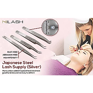 M LASH Eyelash Extension Tweezers (Set of 4) - Professional & Precision Lash Tweezers for Eyelash Extensions - Japanese Steel, Diamond Grip, Fiber Tip (Matte Black)