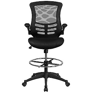 Flash Furniture Kelista Mid-Back Black Mesh Ergonomic Drafting Chair | Adjustable Foot Ring, Flip-Up Arms | Comfort and Productivity
