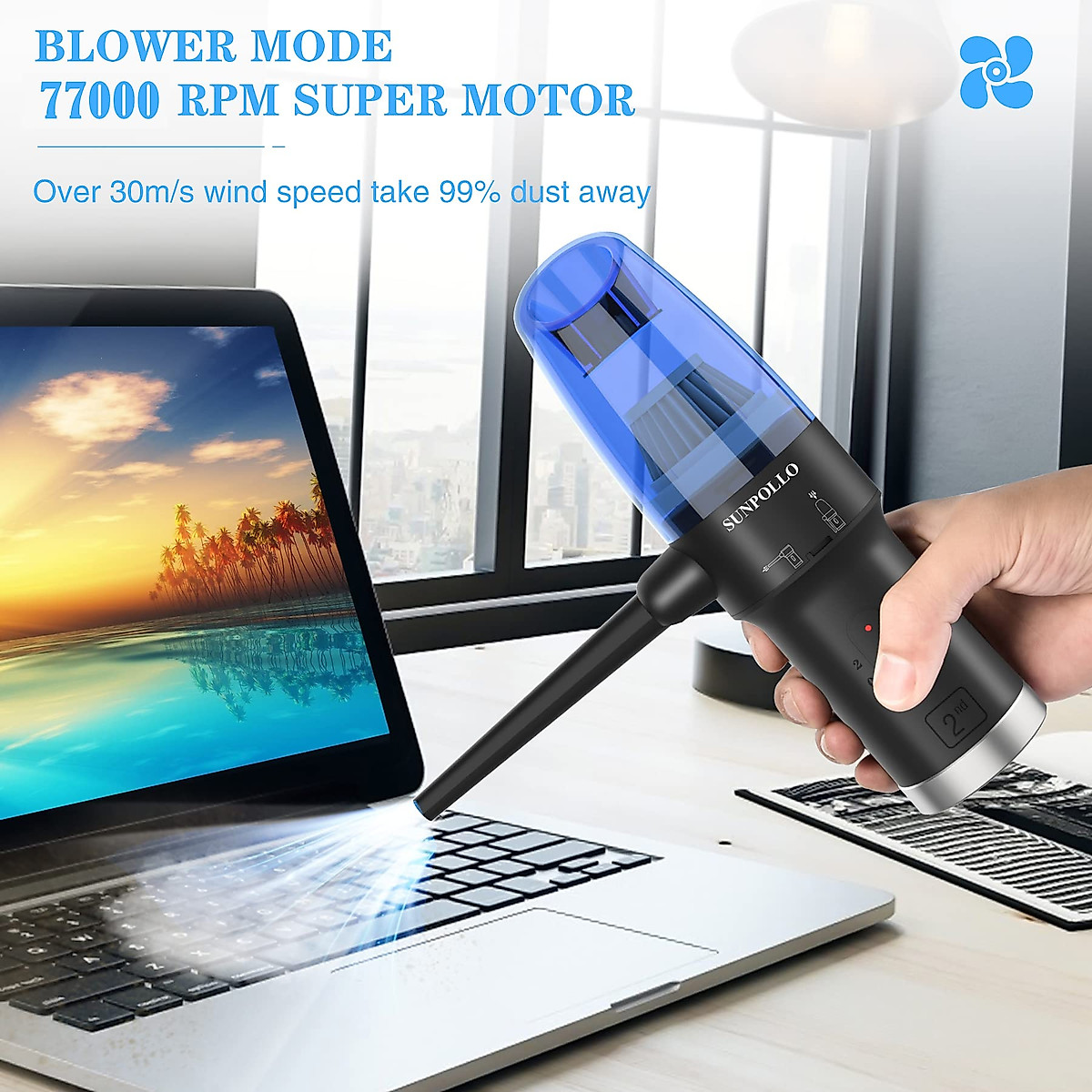 Air Duster & Vacuum 2-in-1, Cordless Electric Compressed Air Blower for Computer Keyboard Cleaning, Portable Handheld Electronics Car Computer Duster, Powerful 77000RPM Motor