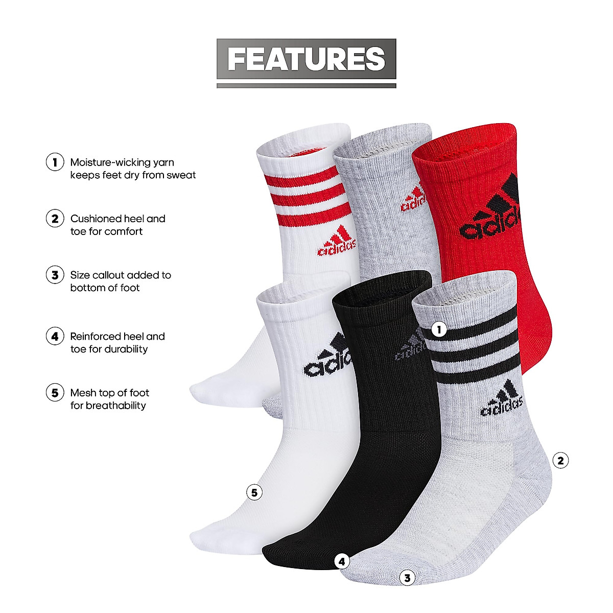 adidas Athletic Cushioned Crew Socks (6 Pairs) Kids Discontinued, Better Scarlet/Cool Light Heather/Black, Medium