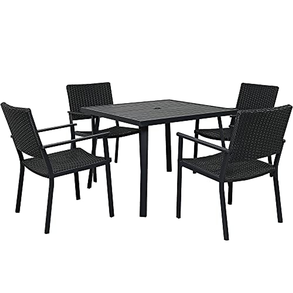 HHOK 5-Piece Table Umbrella Hole and 4 Dining Chairs for Garden, Deck, Outdoor Patio PE Wicker Sets, Frame+Black Rattan