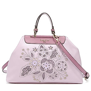 Nicole Lee Cornelia Floral Diamond Embroidered Satchel, Flower Handbag with Optional Crossbody Strap, 3 Compartments (Lavender)