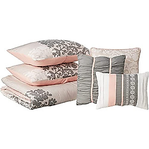 Home Essence Springfield Cozy Pink and Grey Comforter Set Floral Medallion Print - All Season Down Alternative Bedding Layer with Matching Bedskirt, Shams, Decorative Pillow, Queen, Coral 7 Piece