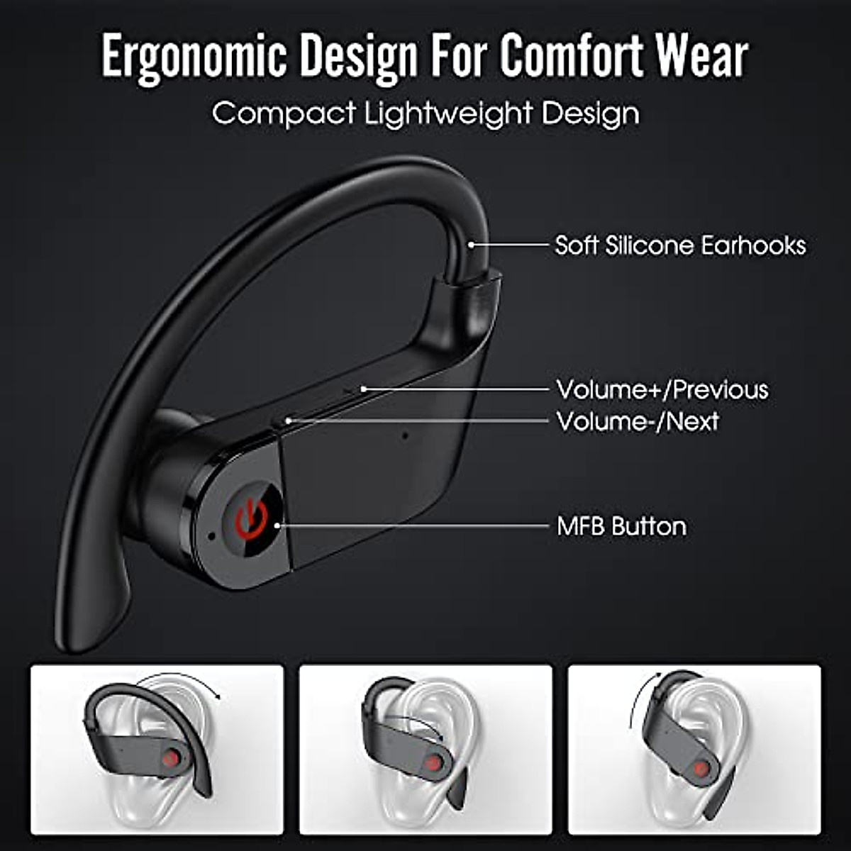 Bobtot Earbuds Wireless Bluetooth Sports Headphones - 40H Playtime IPX7 Waterproof Bluetooth 5.0 in-Ear Bass Earphones Running Workout Headset with Earhooks Built-in Microphone LED Display Black