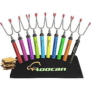 Aoocan Marshmallow Roasting Sticks for Hot Dog Set of 10 Smores Skewers 34 inch Telescoping Rotating Barbeque Forks for Campfire Outdoor Camping Kit for Fire Pit Premium Stainless Steel Fork