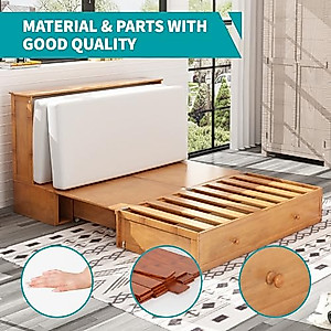 BALUS Cabinet Bed with Queen Size Mattress, Modern Murphy Bed with USB Charging Station, Foldable Tray Tables, Storage Drawer - Cherry Red