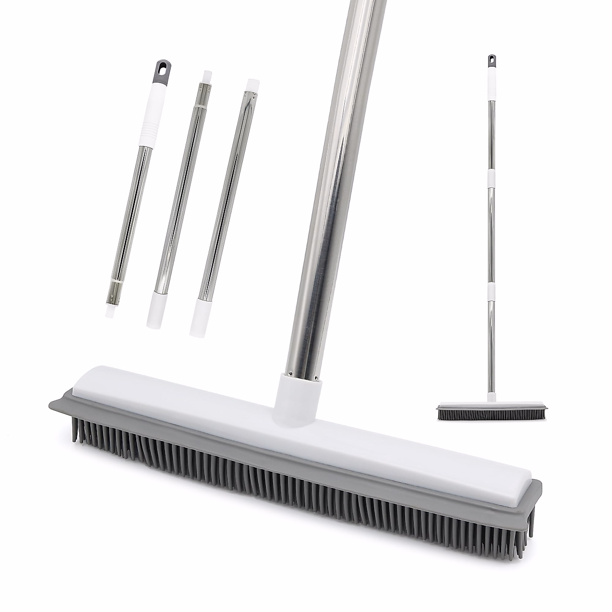 Rubber Broom Carpet Rake for Pet Hair Removal, 3 in 1 Floor Brush for Carpet, Soft Push Broom with 47" Long Handle, Pet Hair Broom with Squeegee for Carpet, Fluff, Hardwood Floor, Tile (White)