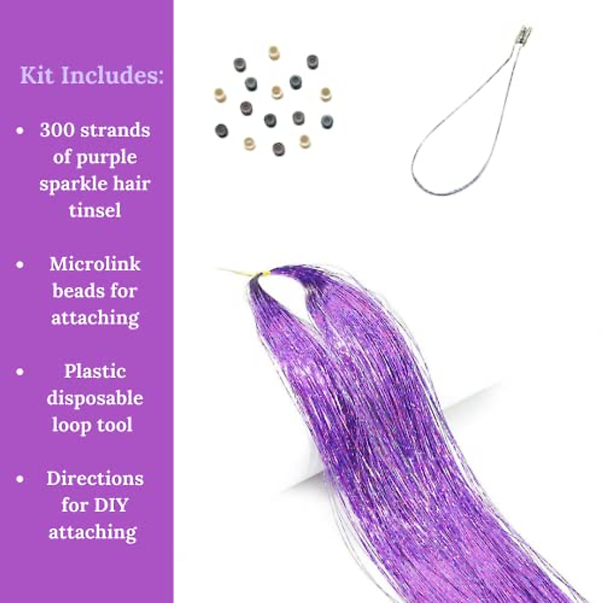 Purple Hair Tinsel Kit Strands, Fairy Hair tinsel kit in Lavender Hair Extensions with beads and loop tool (Purple)