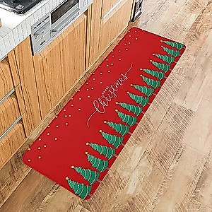 Libaoge Merry Christmas Kitchen Mat Rug 1 PCS Red Green Xmas Tree Yellow Stars Runner Rug Anti-Fatigue Comfort Memory Foam Standing Mat Non-Slip Floor Door Mat for Bathroom Bedroom 20x63in