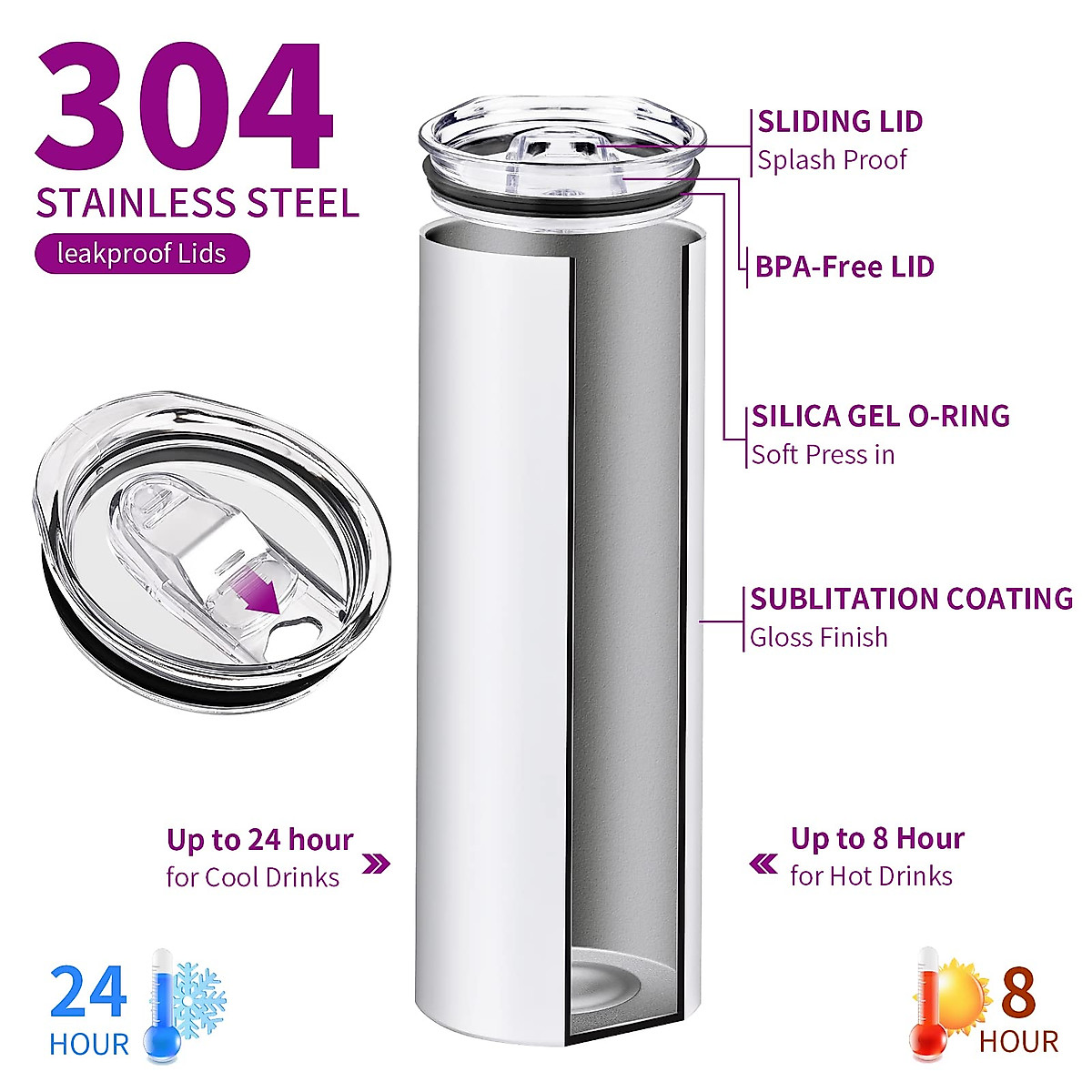 OLSUNOR 24 Pack Stainless Steel 20 oz Sublimation Tumblers Set, Skinny Straight, Lids, Straws, Sublimation Shrink Wrap, DIY Stickers, Individually Gift Boxed