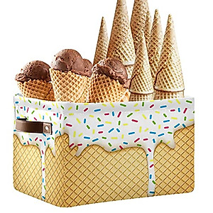 ZOEO Large Storage Basket, Vanilla Ice Cream Cone Waffles Foldable Storages Box Organizer Bins with Leather Handles for Shelves Closet Bedroom, Theme Party
