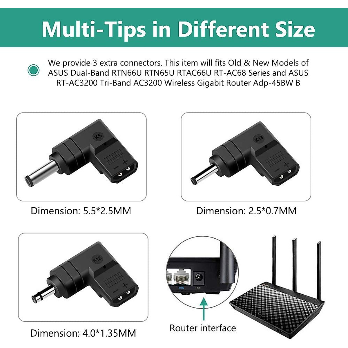 HKY AC Adapter for ASUS Dual-Band Rt-AC66U RT-N66U RT-N65U RT-N56u RT-N66r RT-N66w Rt-AC66r Rt-AC66W RT-AC68U RT-AC68W RT-AC68P RT-AC68R N750 N900 AC1750 AC1900 Router Power Supply Cord with 3 Tips