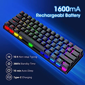 Pauroty 60% Wireless Mechanical Keyboard, Triple Mode 2.4G/USB-C/Bluetooth Keyboard, RGB Backlit, Clicky Blue Switch, 61 Keys Rechargeable Mini Wireless Gaming Keyboard for iPad Mac PC Xbox